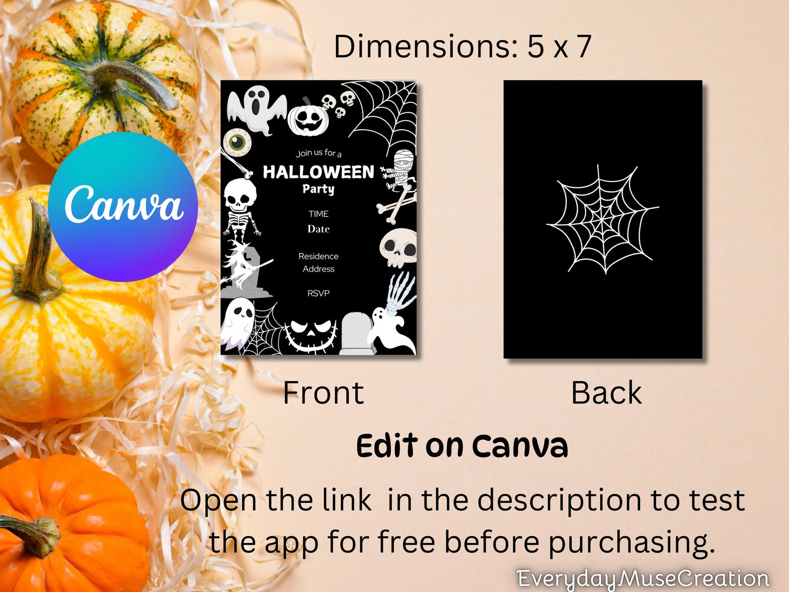 Printable Halloween Invitation, 5 X 7, Editable Canva Template Party ...