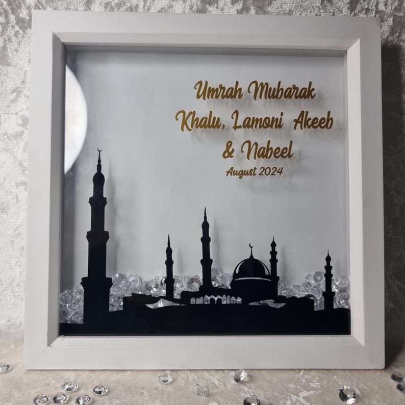 Umrah Mubarak Frame, Kaaba, Medina Personalised Shadow Box With Clear ...