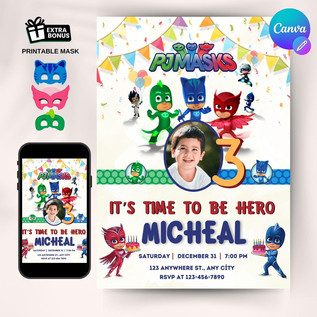 PJM Birthday Invitation, Kids Digital Invitation, PJ Party Invite ...