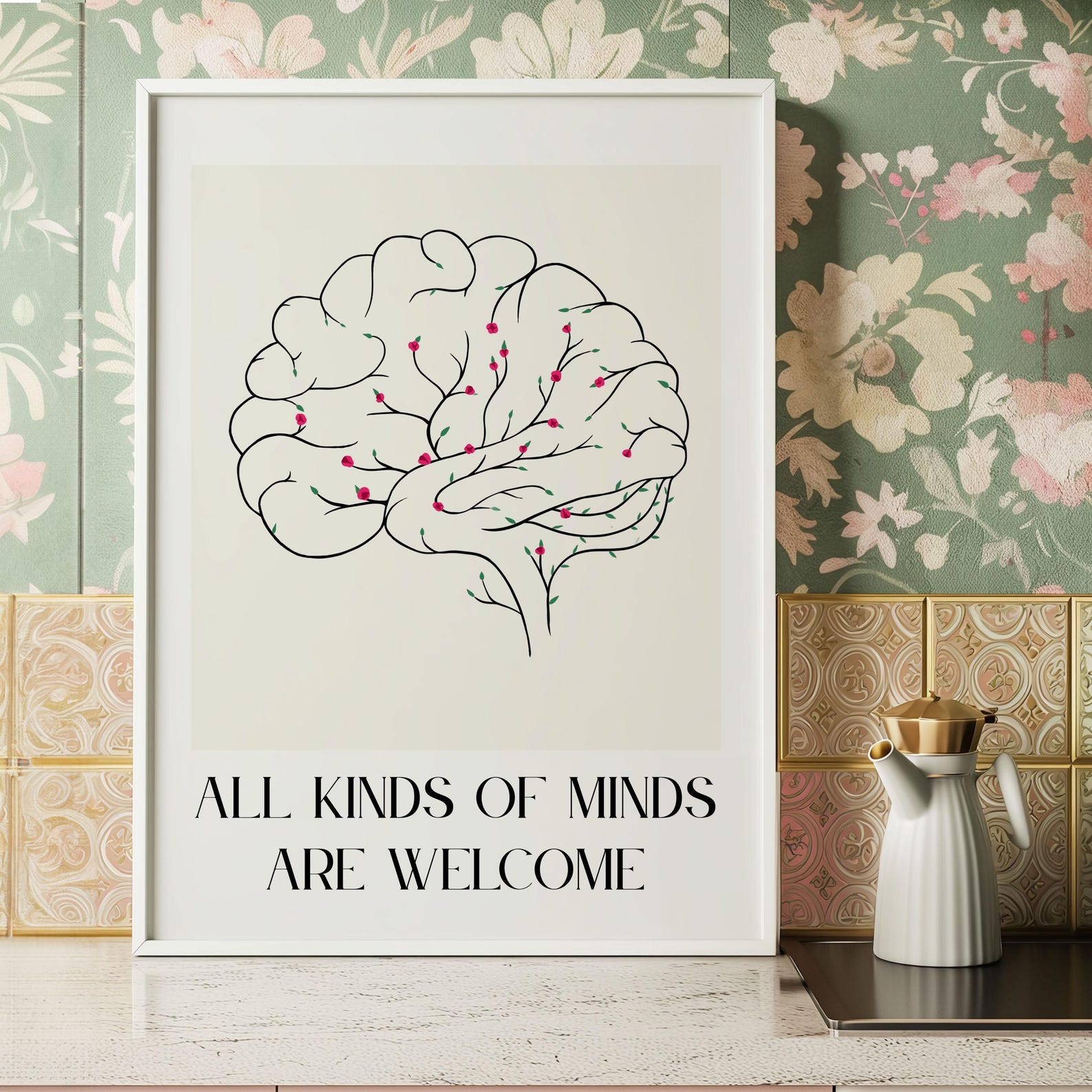 All Minds Are Welcome Poster, Brain and Flowers Art, Therapist Decor - Etsy