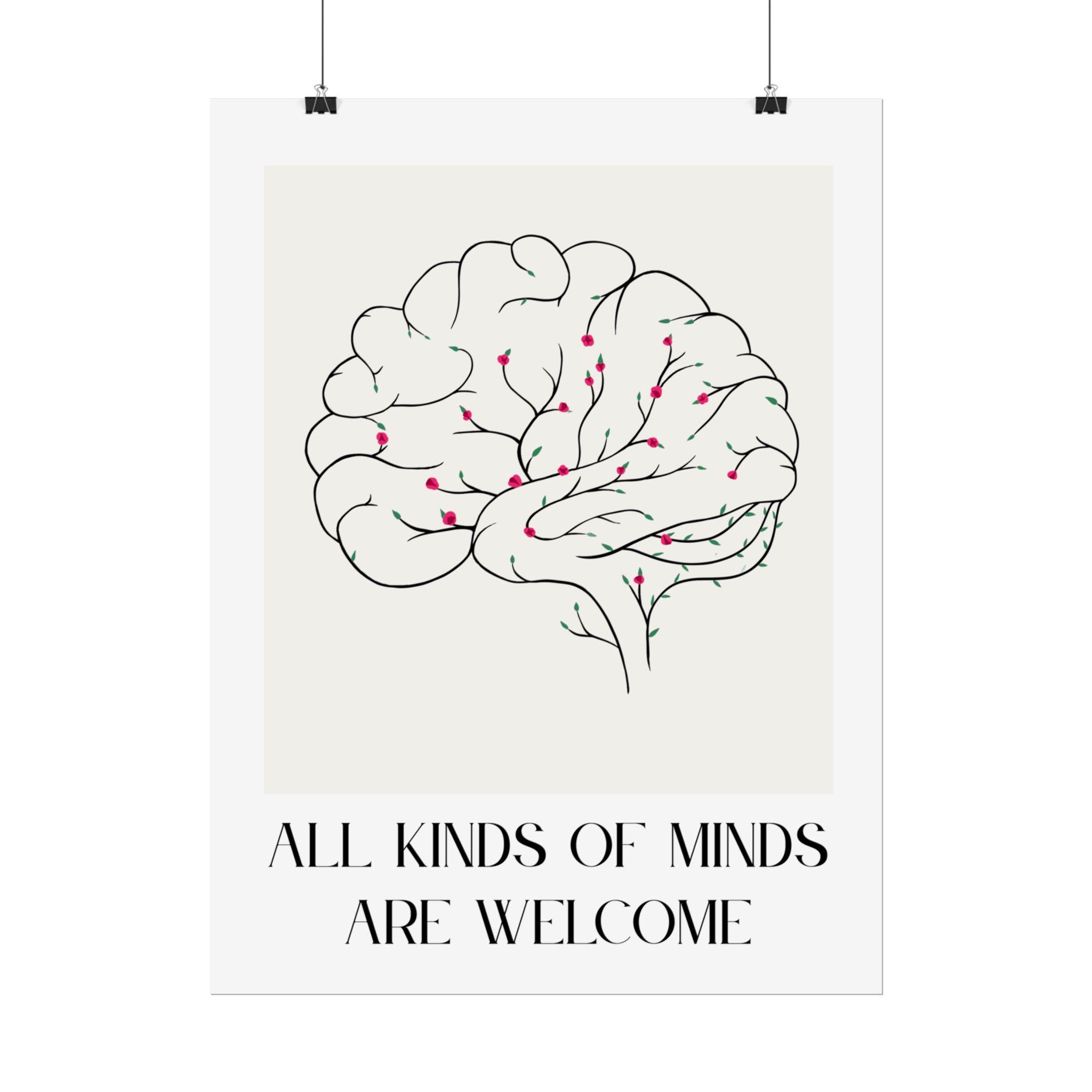 All Minds Are Welcome Poster, Brain and Flowers Art, Therapist Decor - Etsy