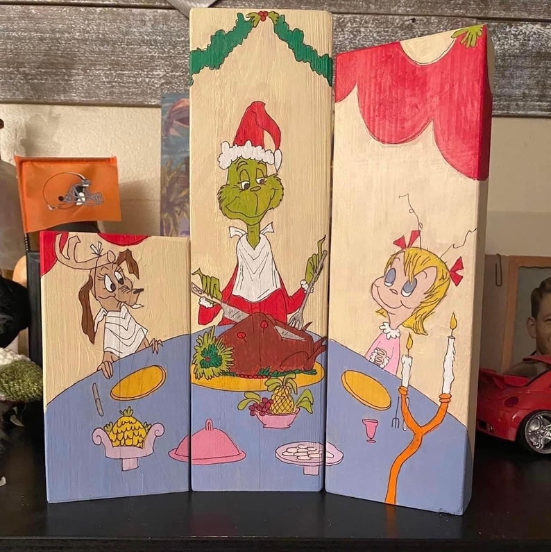 Handmade, Hand Painted, Grinch Feast, Holiday, Wood Block Decorations ...