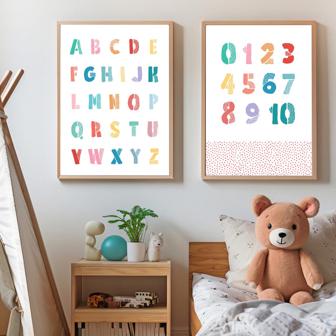 Colorful Alphabet & Numbers Poster Set: Kids Nursery Decor (digital ...