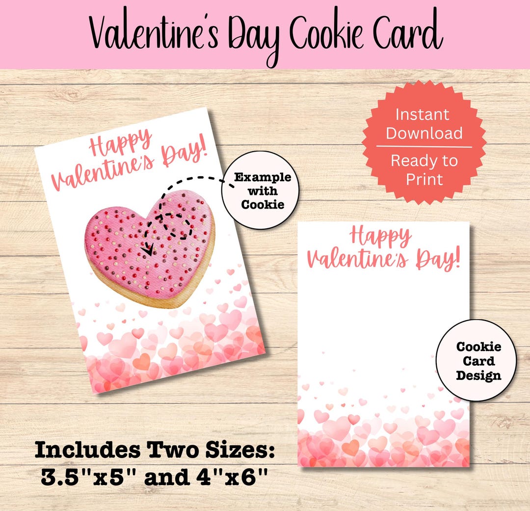 Printable Valentine's Day Cookie Card, 3.5x5 & 4x6 (instant Download ...