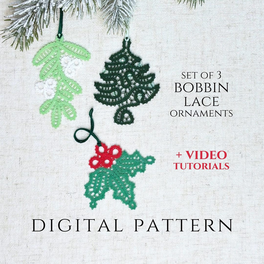 Bobbin Lace Pattern Set of Three Christmas Ornaments Mistletoe, Holly ...
