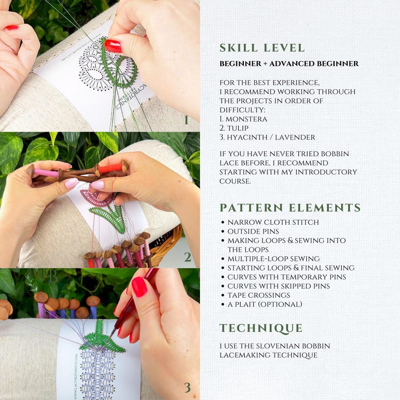 Spring Bobbin Lace Patterns Set • Tulip, Hyacinth and Monstera Leaf ...