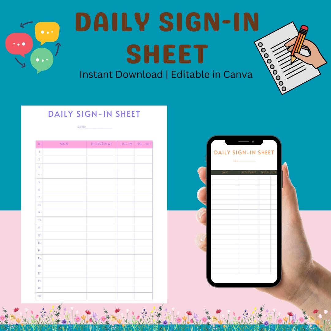 Daily Sign-in Sheet Printable Employee Timesheet Log Book Time ...