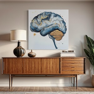 Abstract Brain Art - Neuroscience Wall Decor, Gold & Blue Brain Anatomy ...