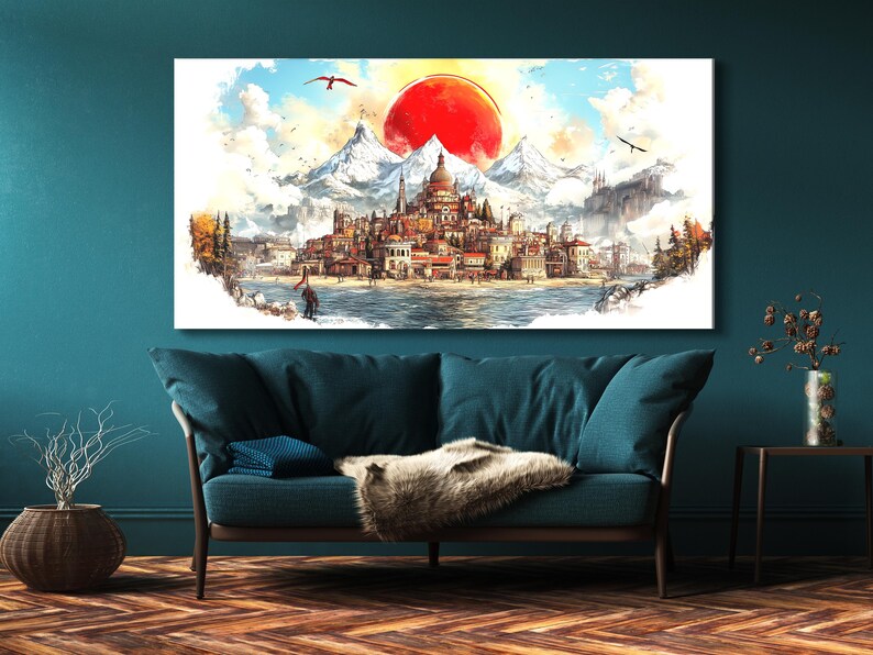 Scenic Medieval Town Wall Art Fantasy Cityscape Canvas Majestic ...