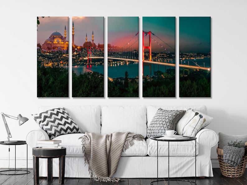 Istanbul Bosphorus Panoramic Wall Art, Sunset Over Suleymaniye Mosque ...