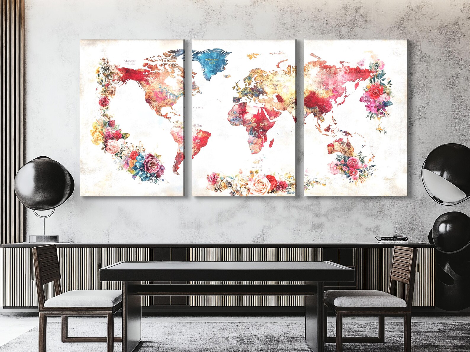 Colorful Floral World Map Canvas Painting Abstract Watercolor Map Wall ...