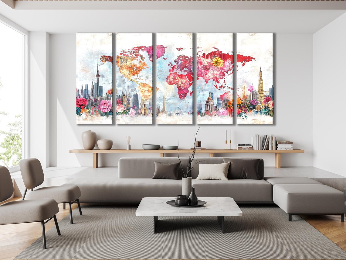 Floral Cityscape World Map Art Canvas Abstract Skyline Painting ...