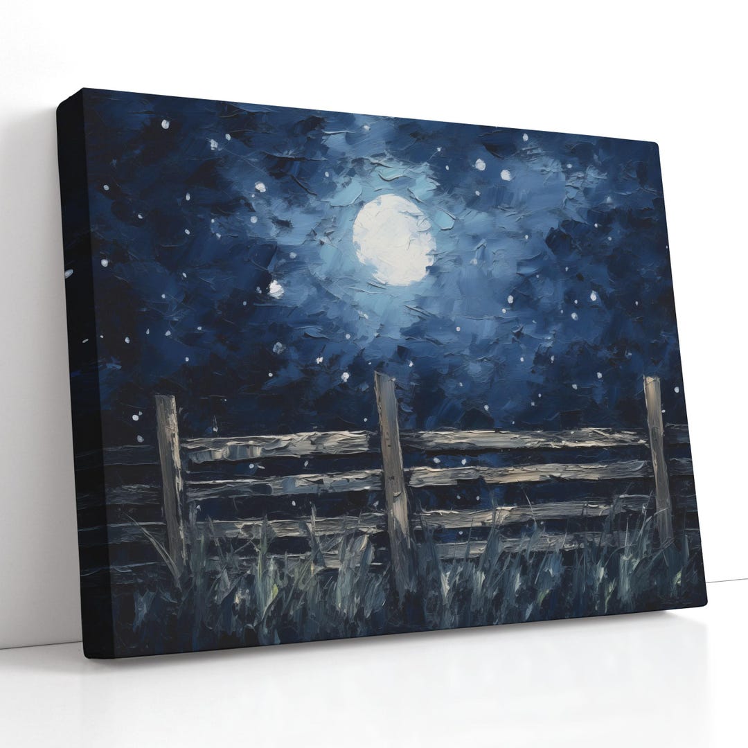 Midnight Blue Moonrise Landscape Canvas Art – Deep Navy Night Fence ...