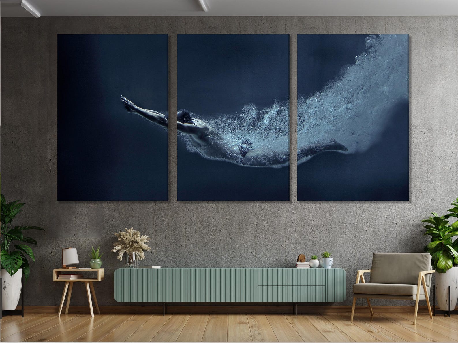 Swimmer Wall Art - Underwater Diver Canvas Print, Modern Water Sports ...