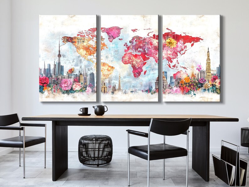 Abstract City Skyline Floral World Map Canvas Colorful Flower Painting ...