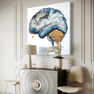 Abstract Brain Art - Neuroscience Wall Decor, Gold & Blue Brain Anatomy ...