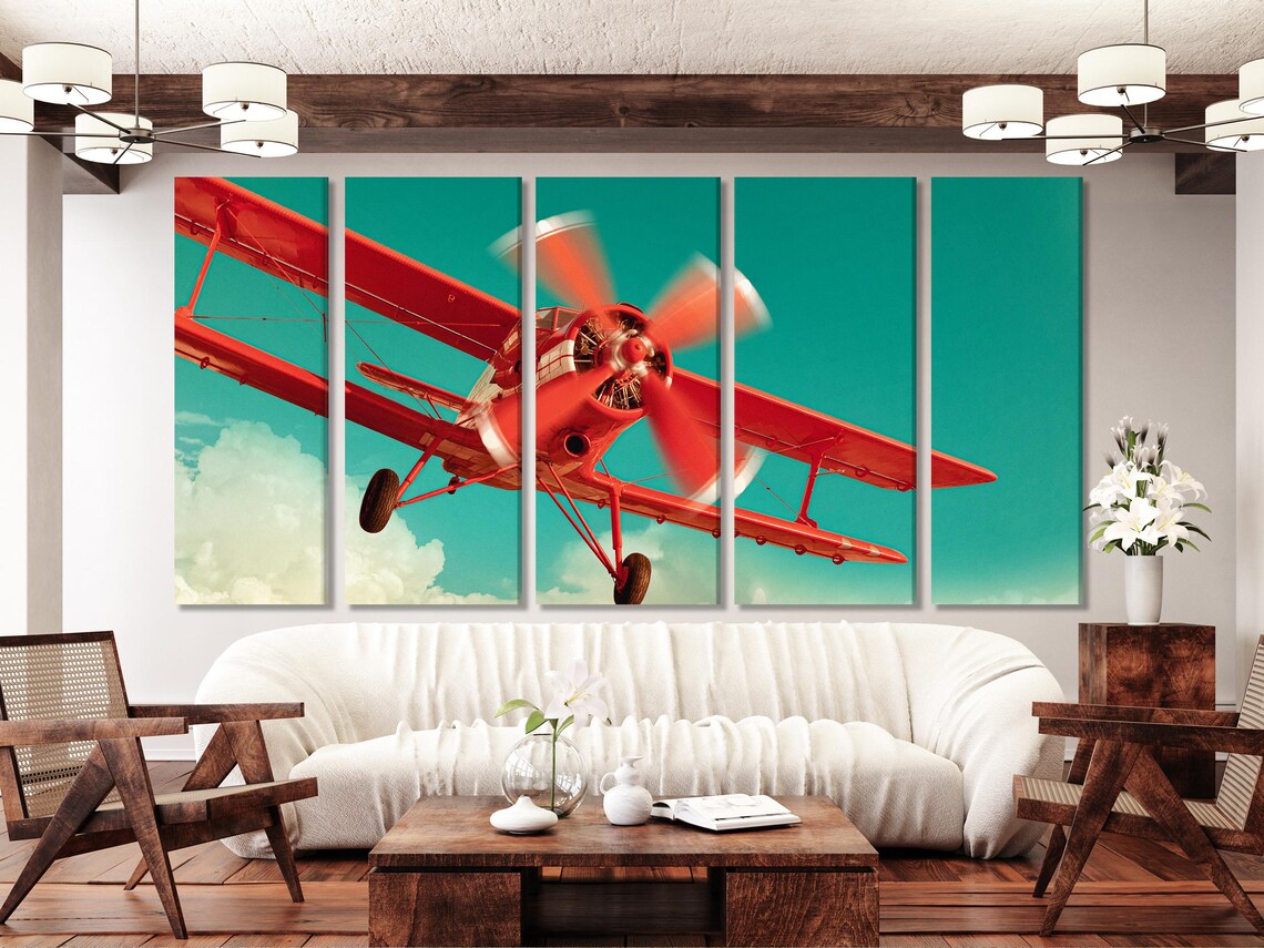 Vintage Red Airplane Canvas Print – Retro Aviation Wall Art, Dynamic ...