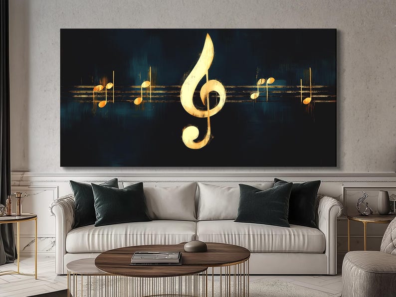 Music Wall Art Treble Clef Canvas Print Golden Musical Notes Artwork ...