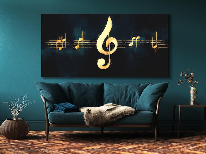 Music Wall Art Treble Clef Canvas Print Golden Musical Notes Artwork ...