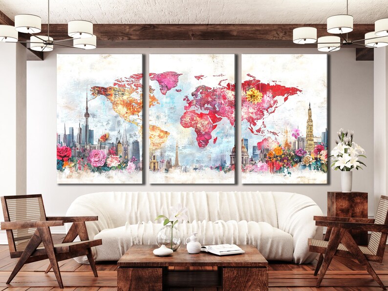 Floral Cityscape World Map Art Canvas Abstract Skyline Painting ...