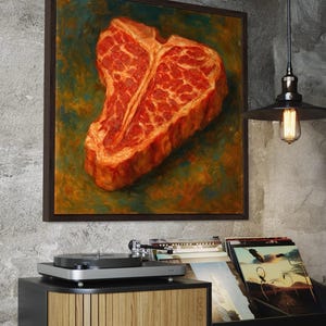 T-bone Steak Canvas Print - Rustic Meat Oil Painting & Red Orange ...