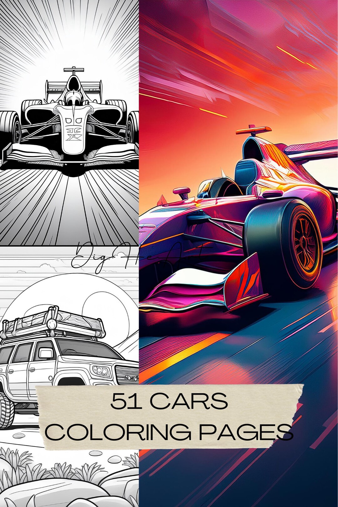 51 Cars Coloring Pages for Kids and Adults, Fast Cars Book to Relax at ...