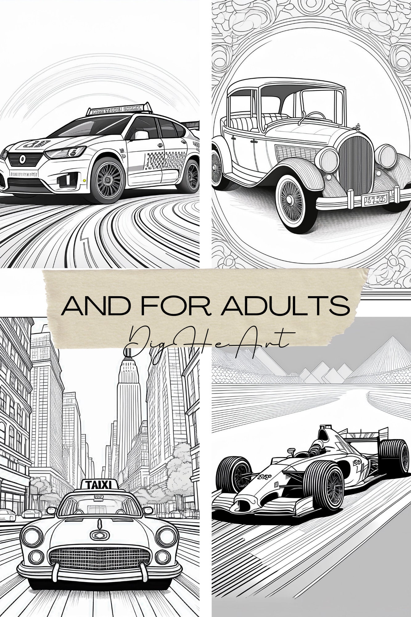 51 Cars Coloring Pages for Kids and Adults, Fast Cars Book to Relax at ...