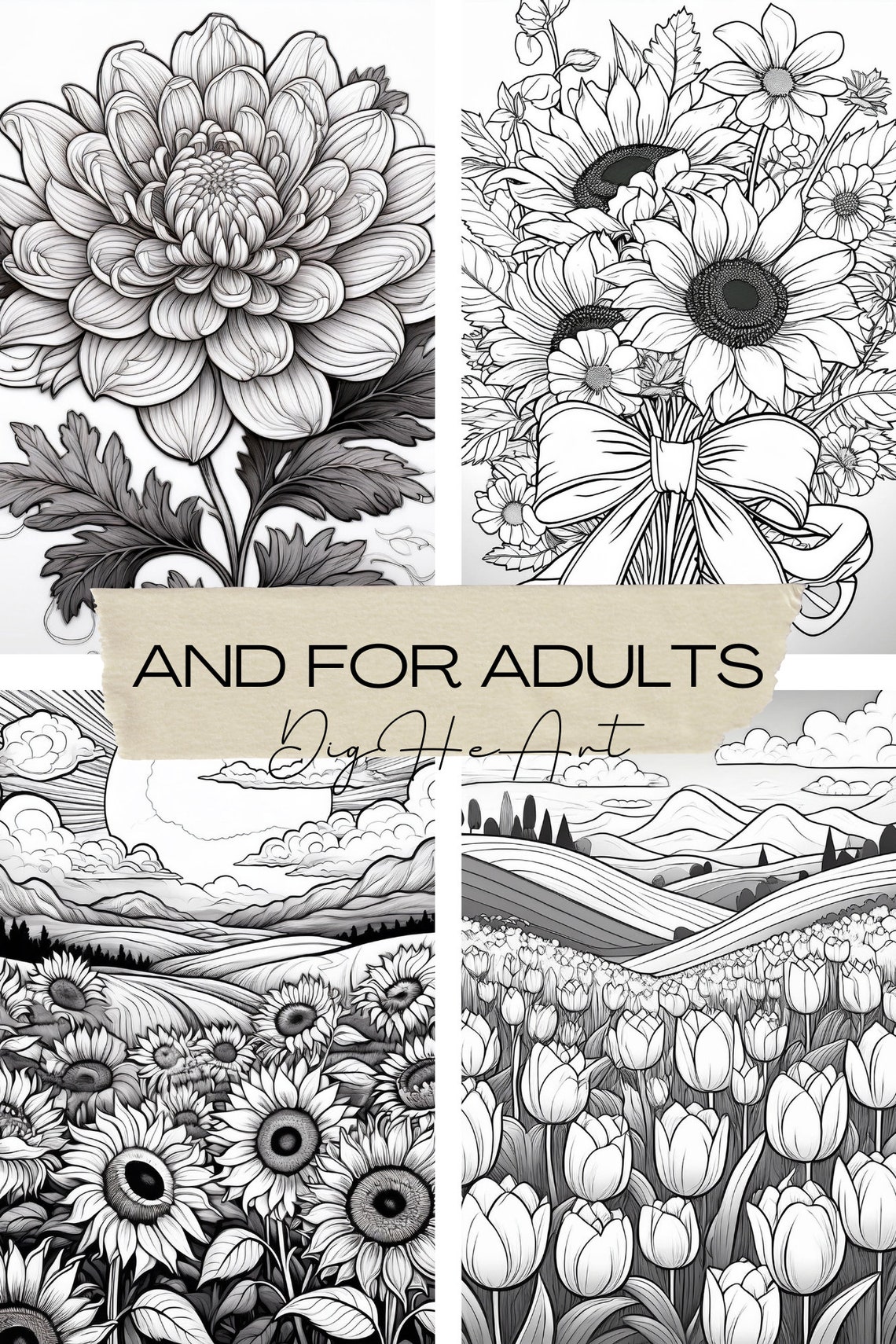 Flowers Coloring Pages for Kids and Adults, Adorable Flower Coloring ...