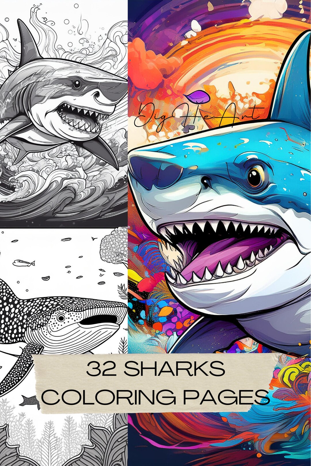 32 Sharks Coloring Pages for Kids and Adults, Sea Sharks Coloring Book ...