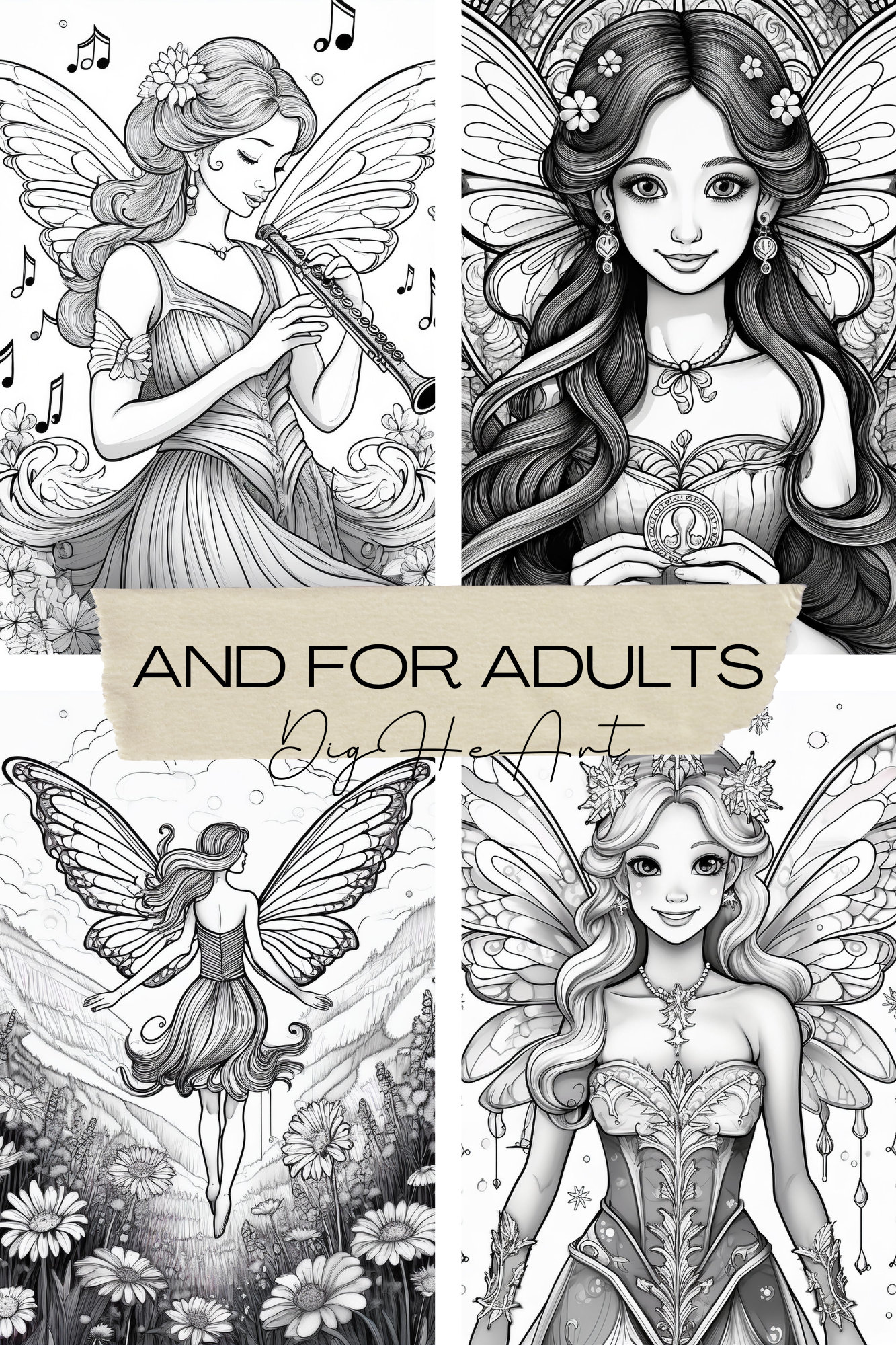 Fairies Coloring Pages for Kids and Adults, Adorable Fairies Book to ...