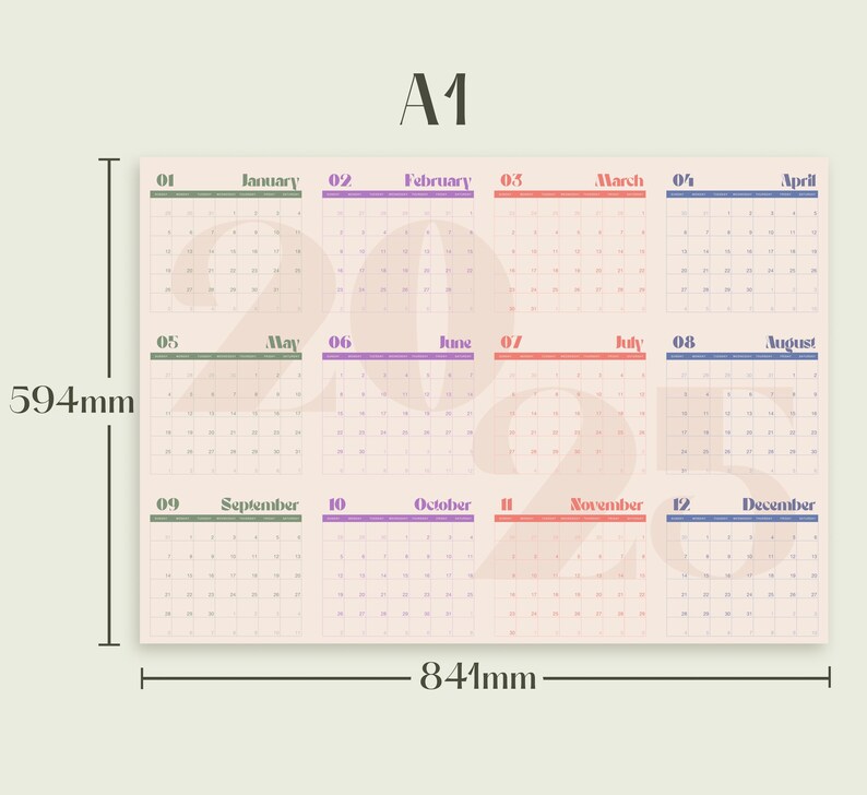 2025 Colourful Wall Calendar Printable | A1 | Landscape | Instant ...
