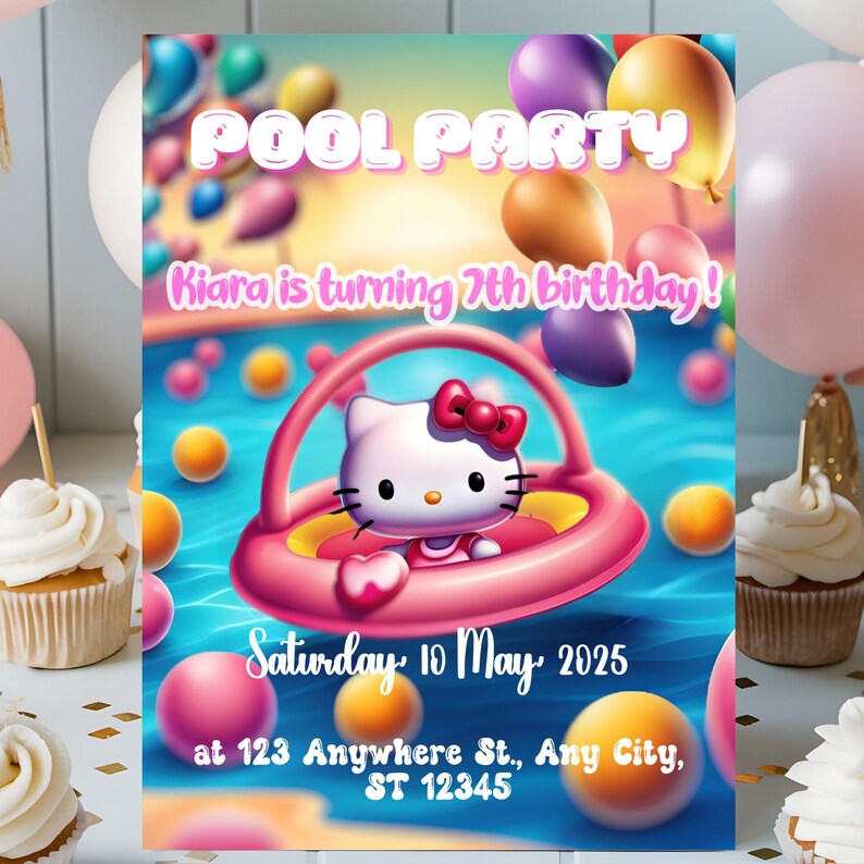 Kitty Pool Party Invitation Self-editable Digital Birthday Invitation ...