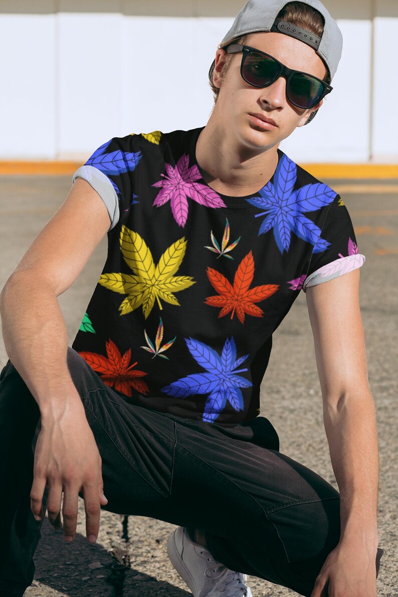 Colorful Ganja Unisex Tee Shirt, Marijuana Leaf Graphic Tee, Weed Lover ...