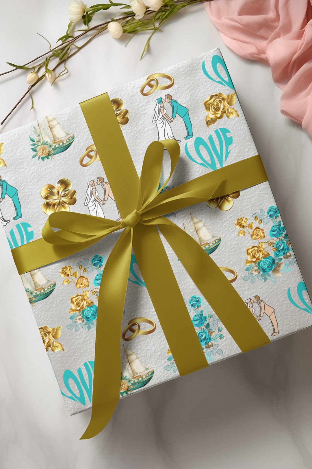 Teal and Gold Wedding Wrapping Paper, Wedding Gift Wrap, Bridal Shower ...