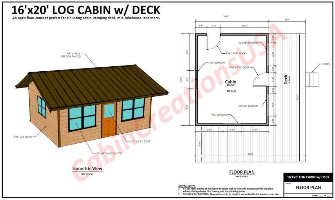 16'x20' Log Cabin W/ Deck - Plans. Open Concept, ADU - Etsy