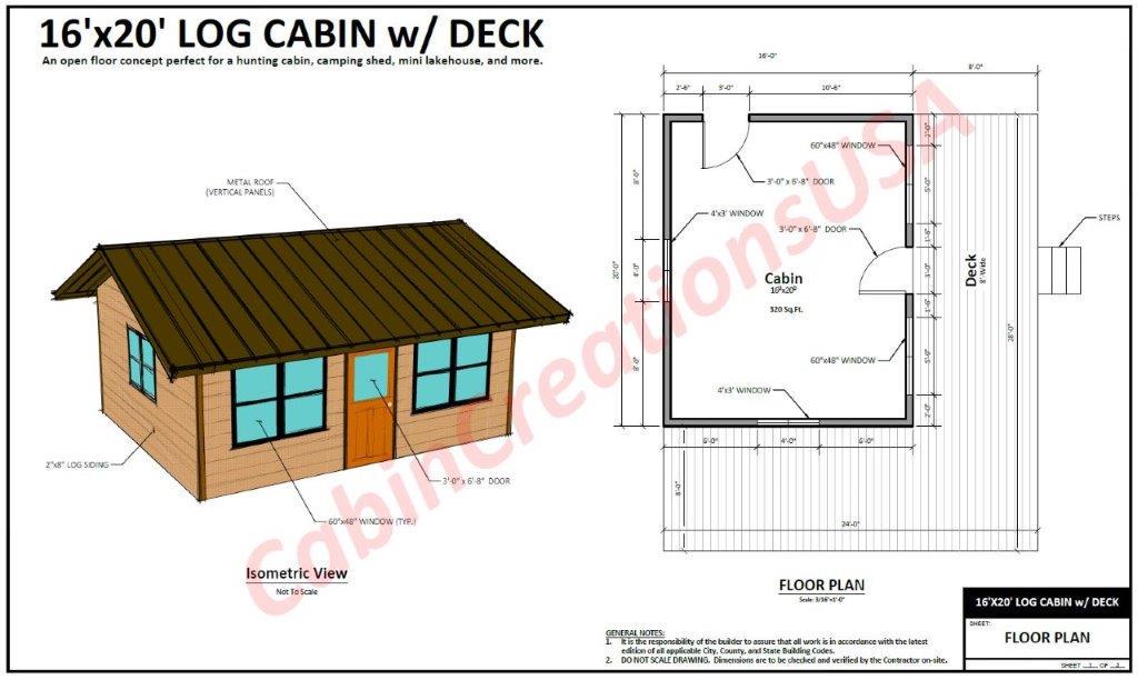 16'x20' Log Cabin W/ Deck - Plans. Open Concept, ADU - Etsy