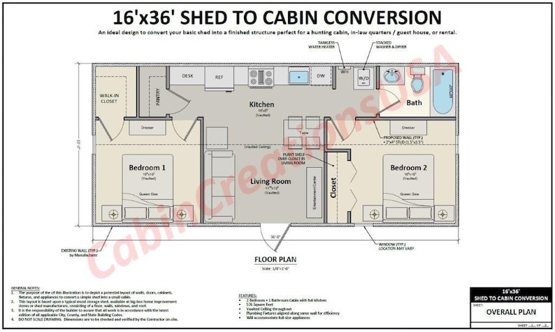 16'x36' Shed to Cabin Conversion Plans: 2BR 1BA ADU Layout (digital ...