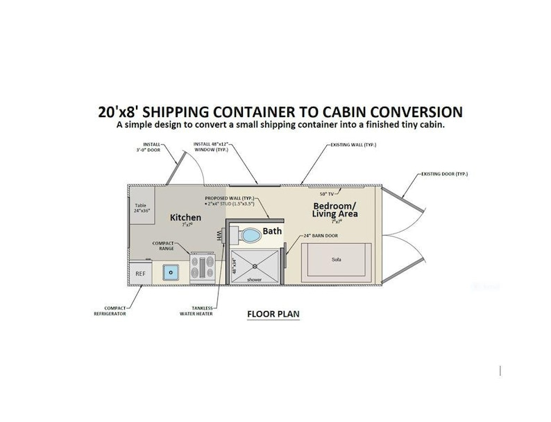 20'x8' Shipping Container Cabin Conversion Plans: ADU, Tiny Home ...