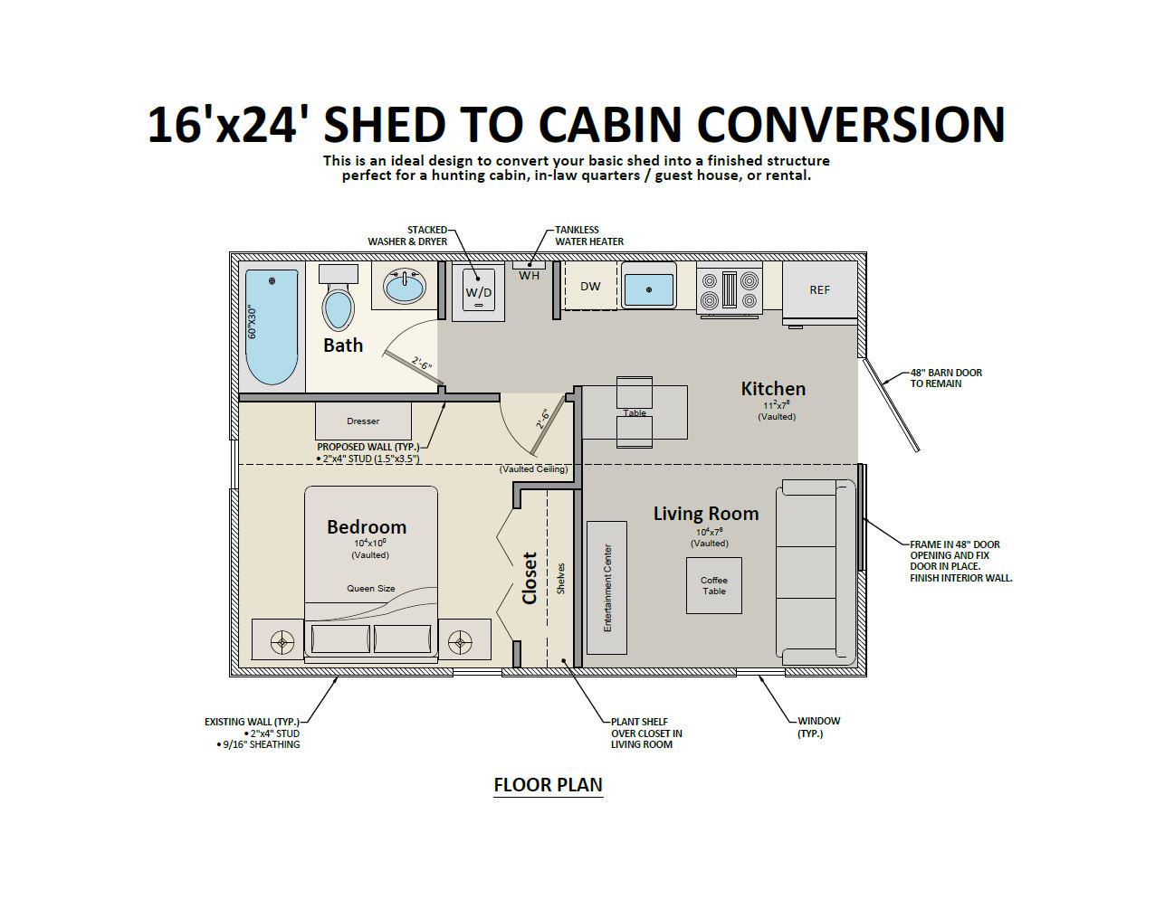 16'x24' Shed to Cabin ADU Conversion Plans 1BR 1BA Layout With ...