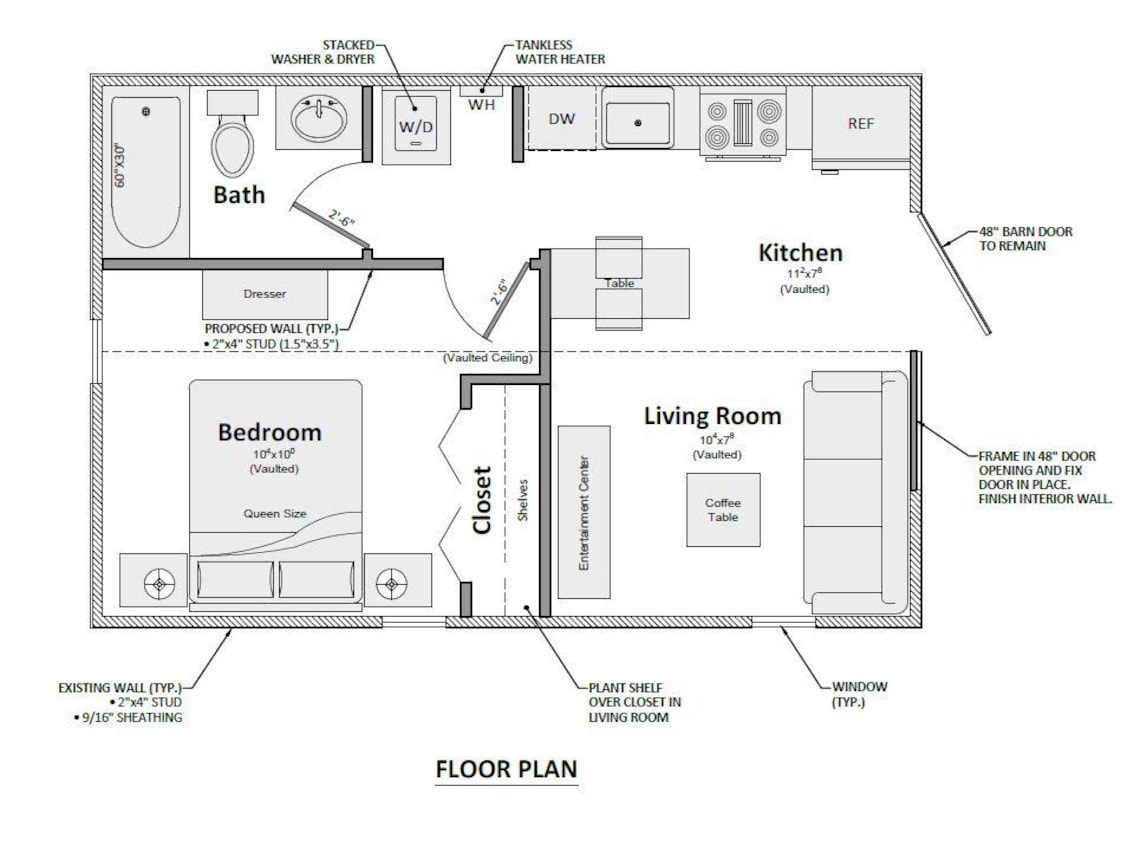 16'x24' Shed to Cabin ADU Conversion Plans - 1BR 1BA Layout With ...