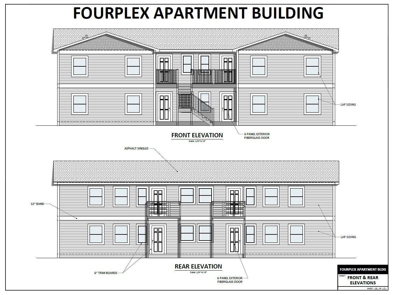 Fourplex Apartment Building Plan W Detached Garages: 3 Bed, 2 Bath ...