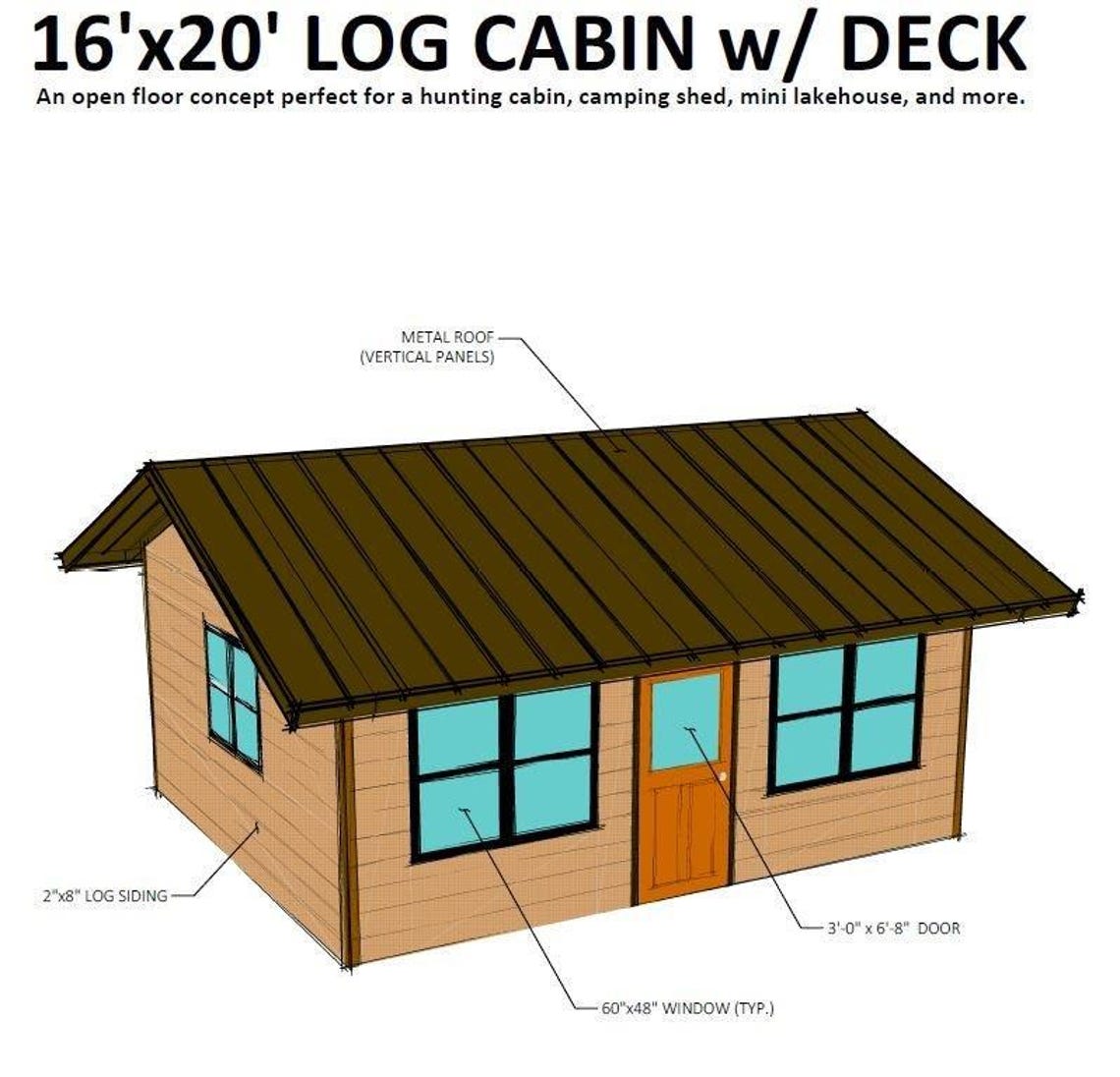 16'x20' Log Cabin W/ Deck - Plans. Open Concept, ADU - Etsy