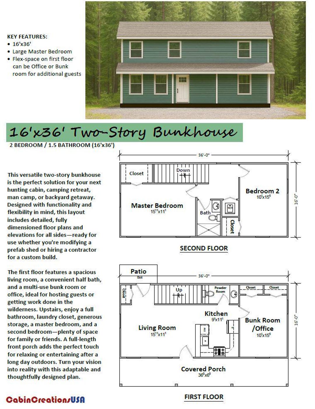 16'x36' Two-story Bunkhouse Plans - Etsy