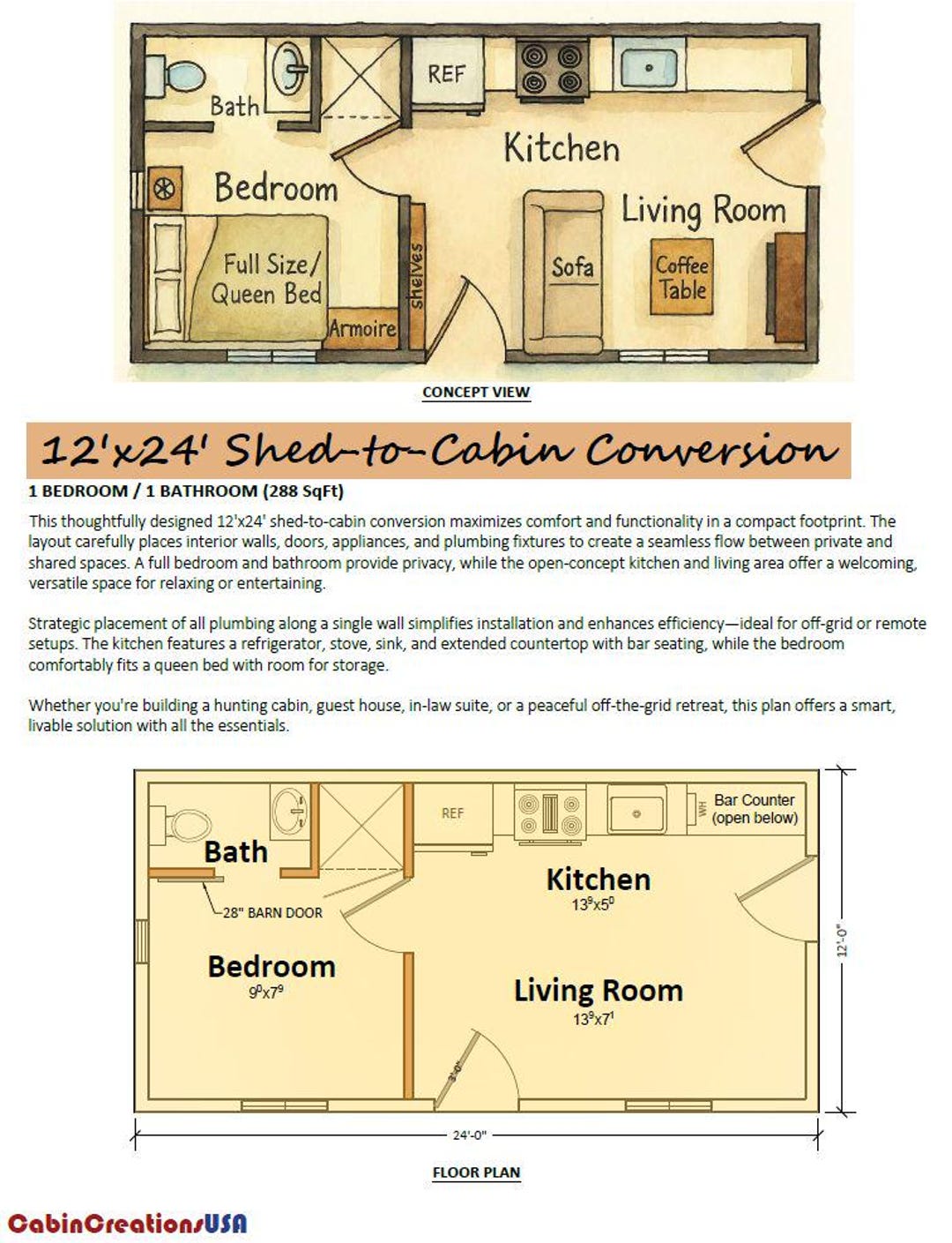 12'x24' Shed to Cabin Conversion Floor Plan - 1BR 1BA Layout. - Etsy