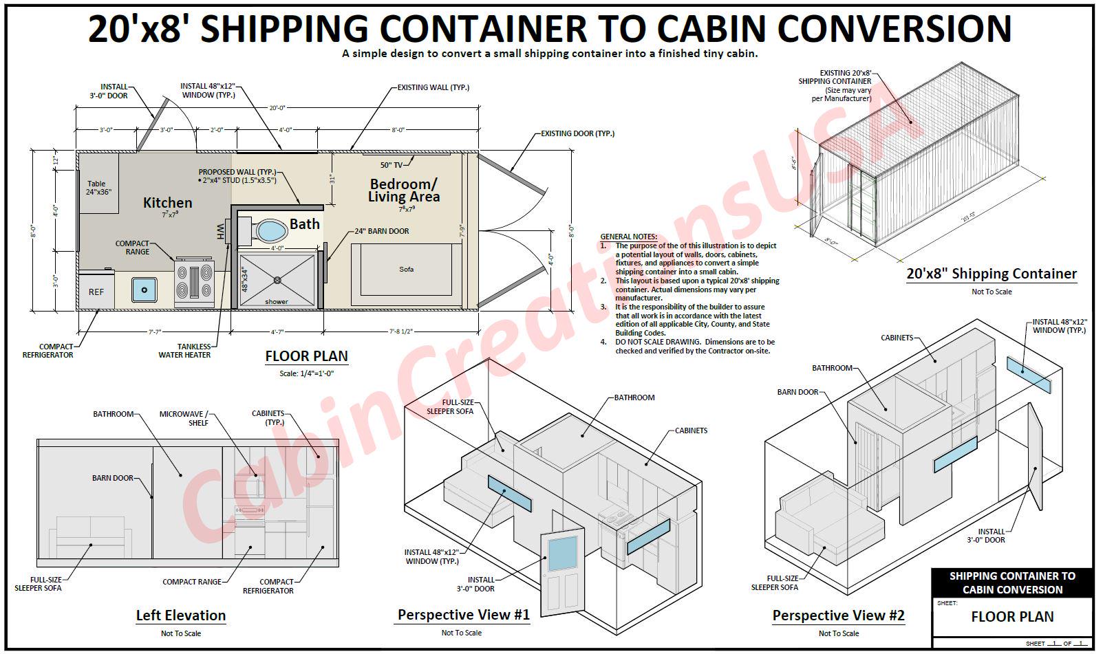 20'x8' Shipping Container Cabin Conversion Plans: ADU, Tiny Home ...