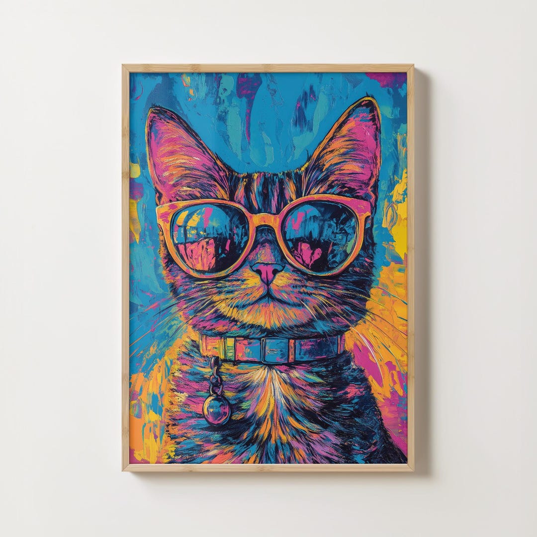 Cat With Glasses Painting | Maximalist Painting (vibrant Cat Painting ...
