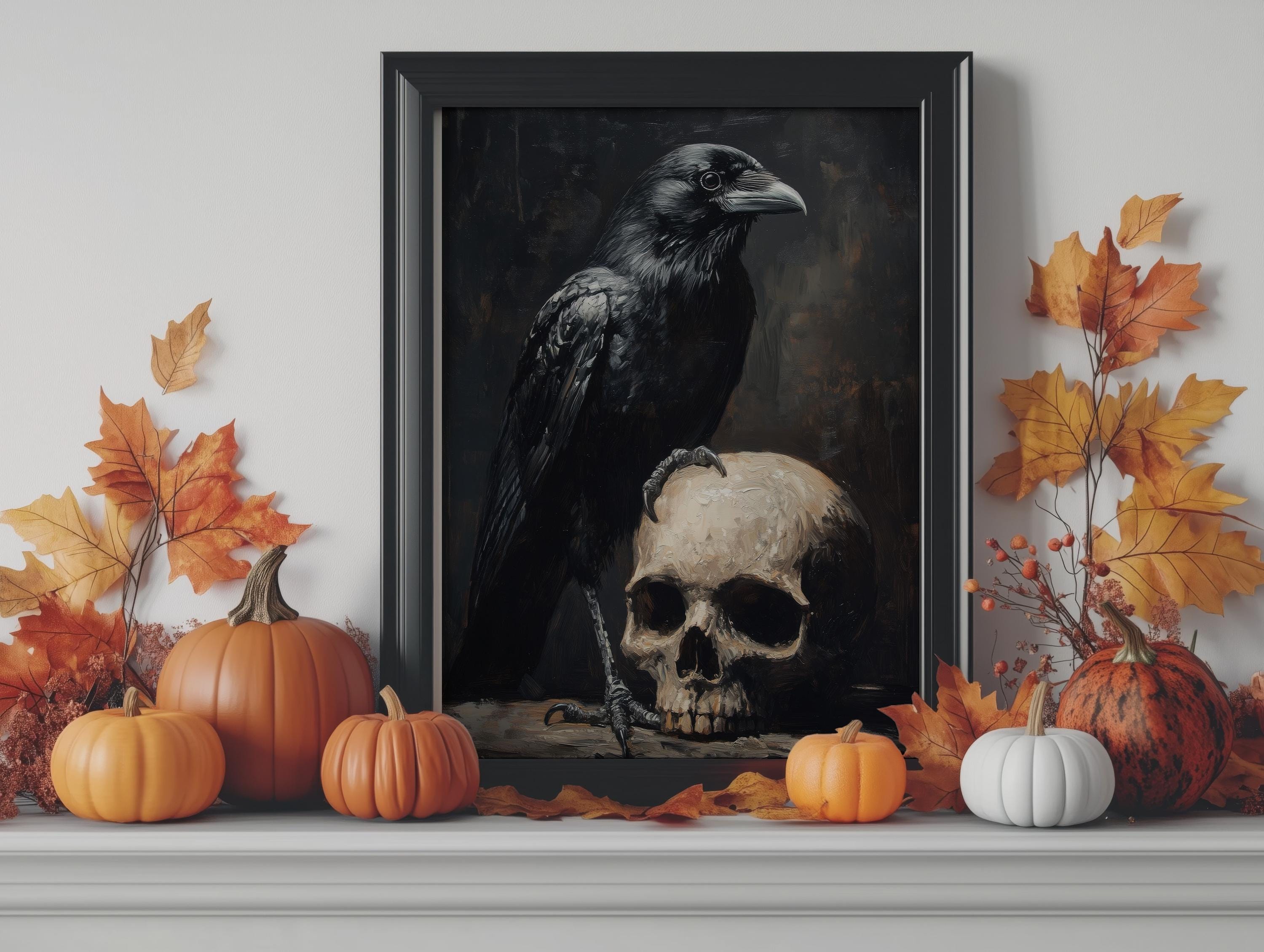 Crow & Skull Art Print | Oil Painting Halloween Art Print (spooky ...