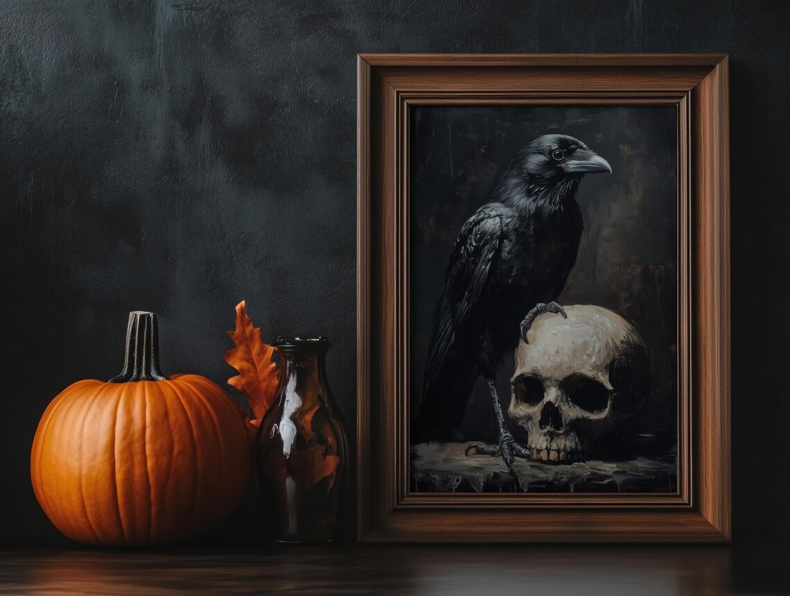 Crow & Skull Art Print | Oil Painting Halloween Art Print (spooky ...