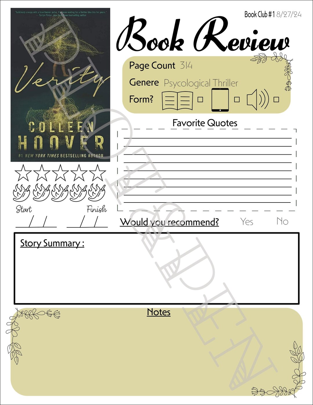 Verity Colleen Hoover PNG Book Review Template for Book Clubs, Book ...