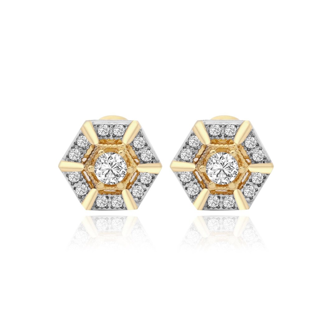 14k Gold Hexagon Stud Earrings: 7.9mm Sparkling Cluster, Minimalist ...